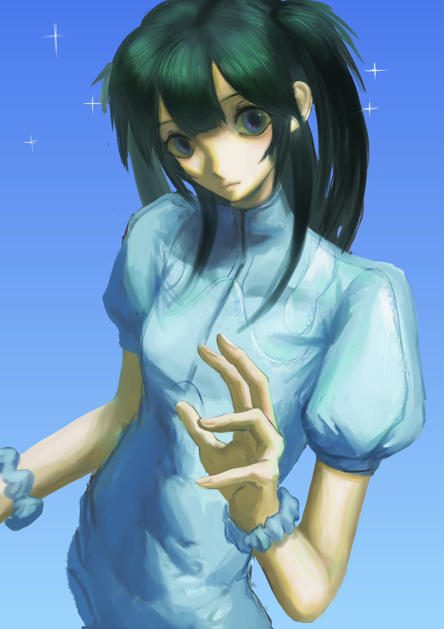 The Big ImageBoard (TBIB) - 1girl blue background blue eyes blue shirt blunt bangs gradient ...