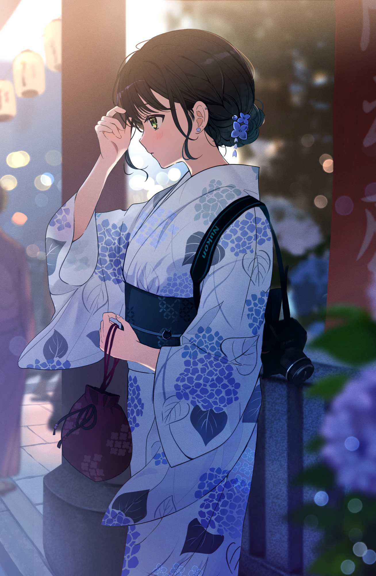 The Big Imageboard Tbib 1girl Bag Black Hair Blue Kimono Blurry