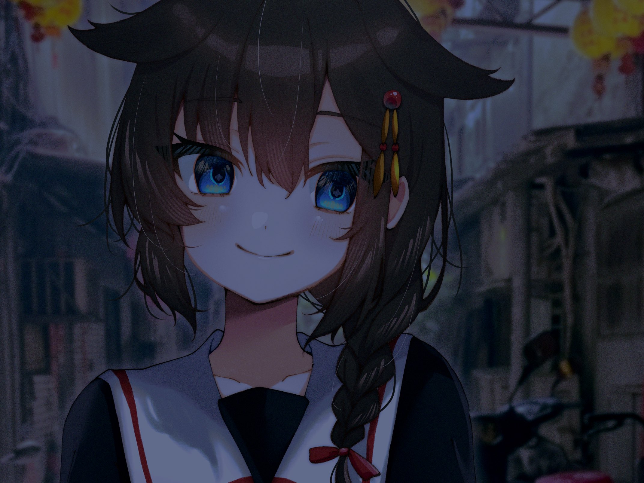 The Big ImageBoard (TBIB) - 1girl black hair black serafuku black shirt blue eyes braid ...