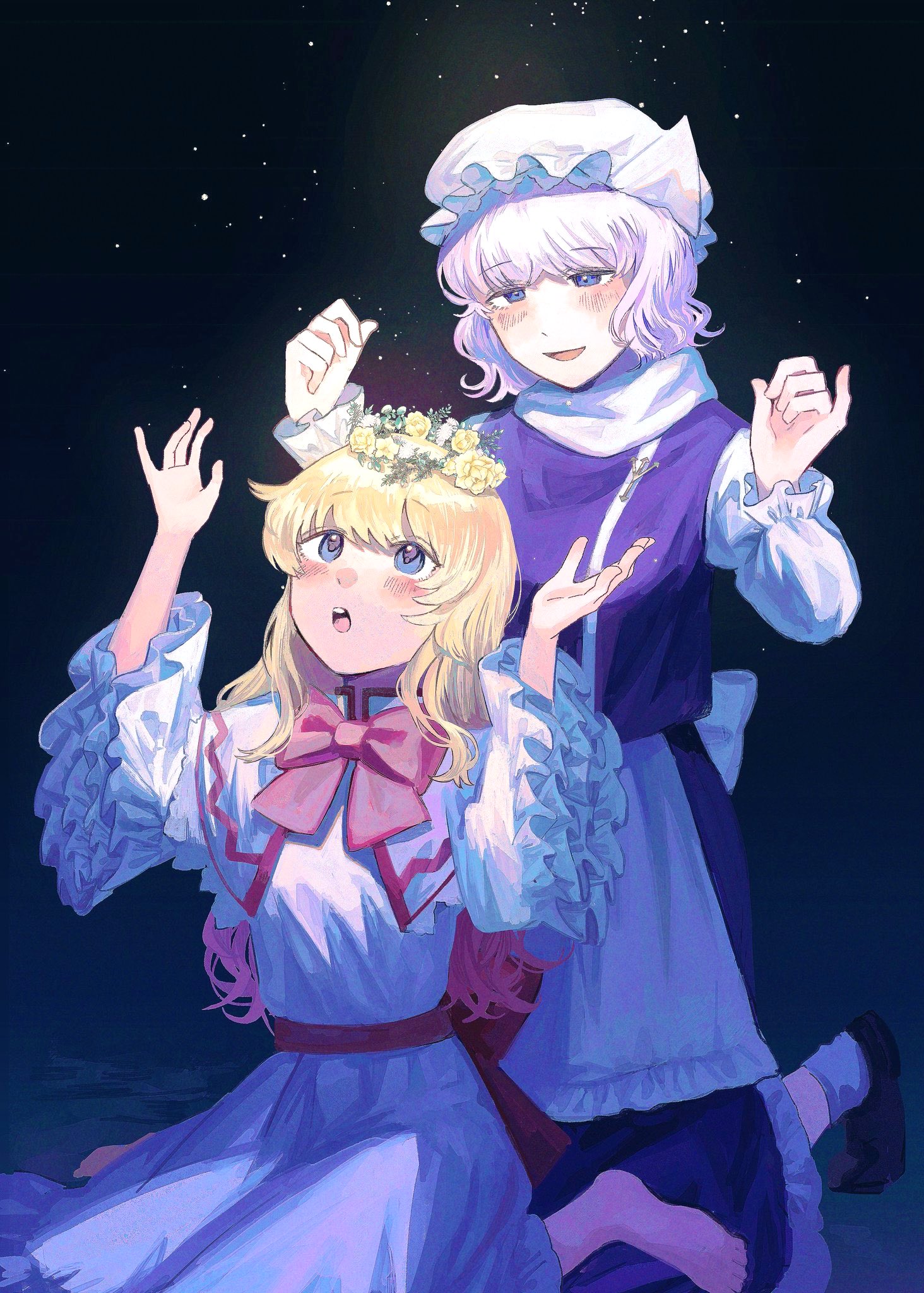 The Big ImageBoard (TBIB) - 2girls apron black background blonde hair blue dress blue eyes blush ...