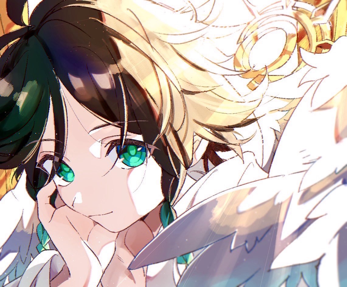 The Big ImageBoard (TBIB) - 1boy ahoge androgynous angel wings aqua eyes aqua hair black hair ...