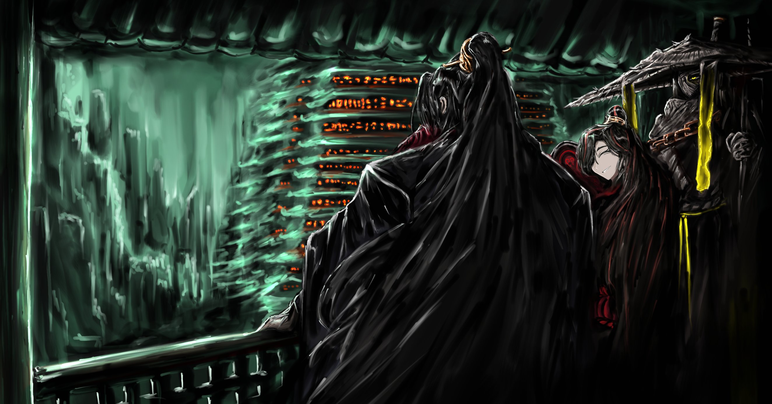 The Big ImageBoard (TBIB) - 1boy 2girls balcony black hair black hanfu ...