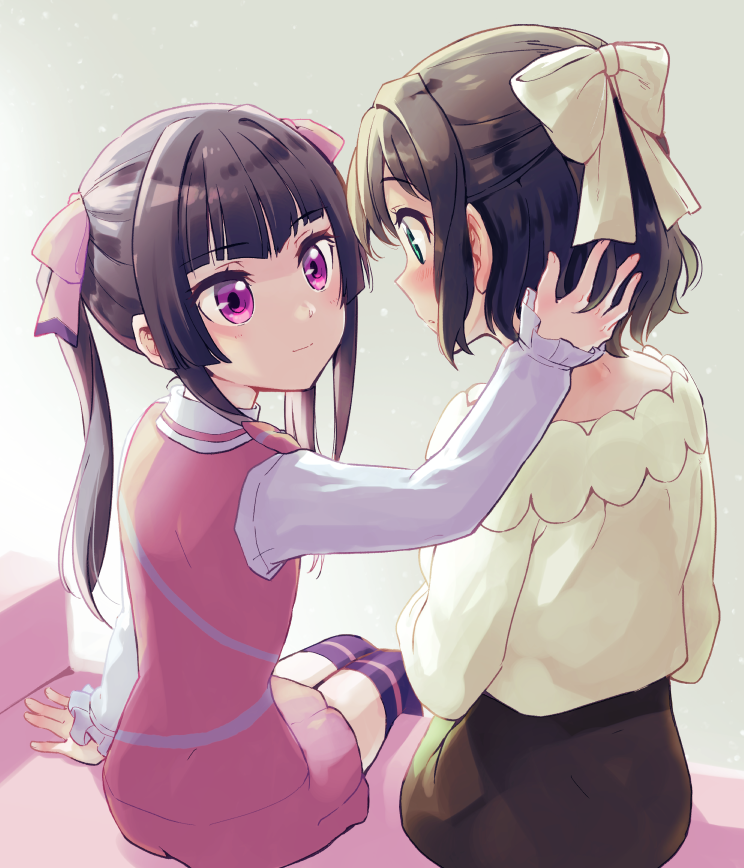 The Big Imageboard Tbib 2girls Arm Support Black Hair Bow Casual