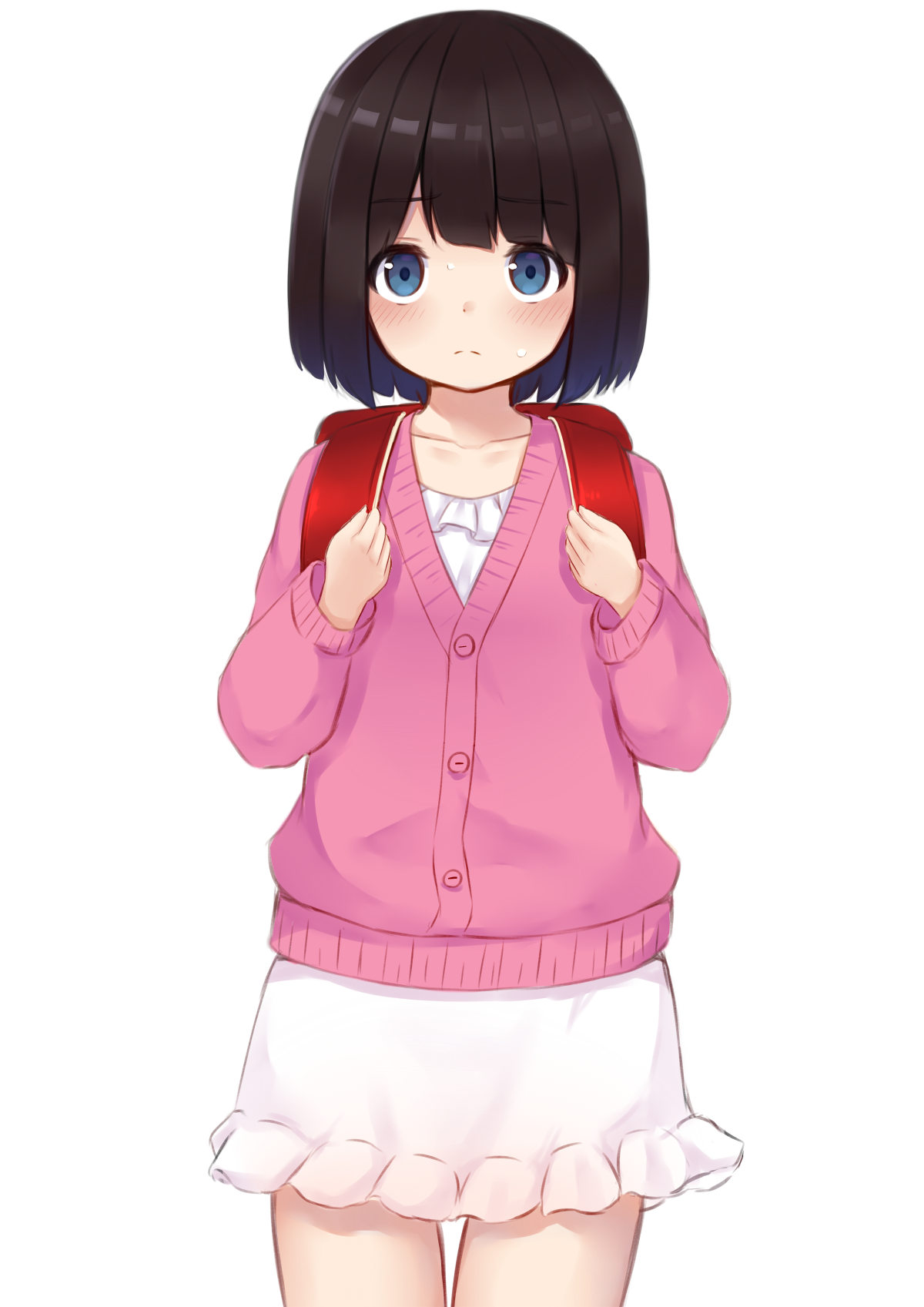 The Big ImageBoard (TBIB) - 1girl backpack bag blue eyes blush bob cut brown hair cardigan ...