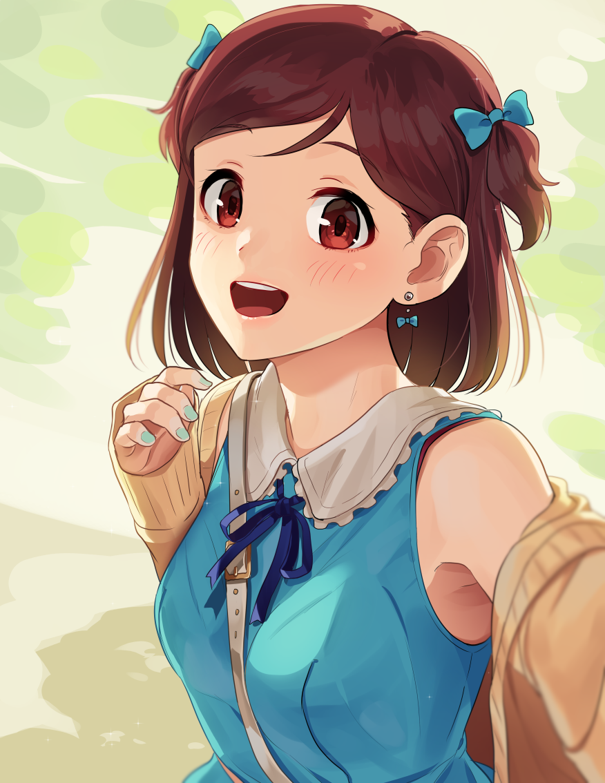 The Big ImageBoard (TBIB) - 1girl :d aoba misaki blue bow blue nails blue shirt blush bow brown ...