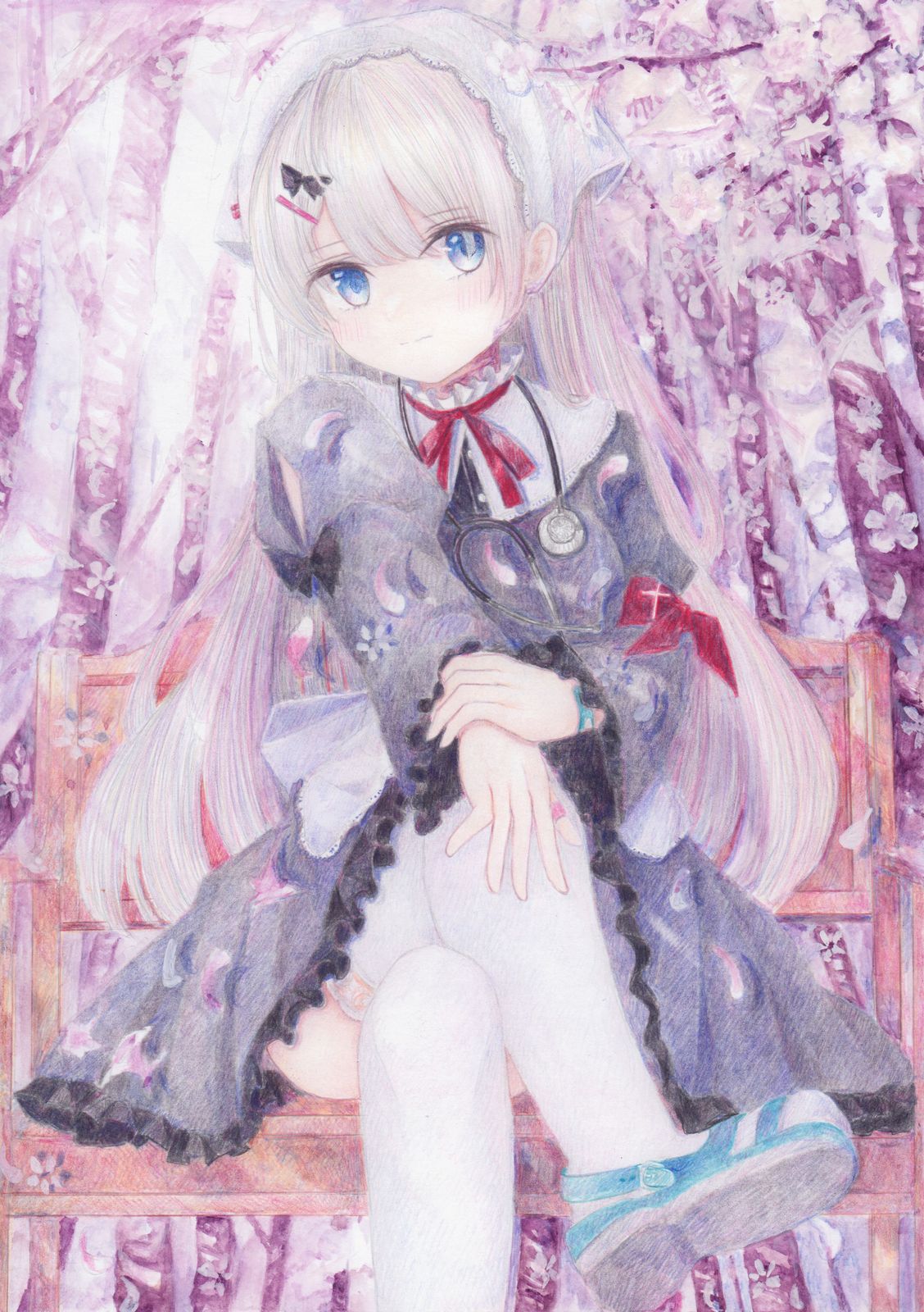 The Big ImageBoard (TBIB) - 1girl bandaid bench blue eyes blush closed ...