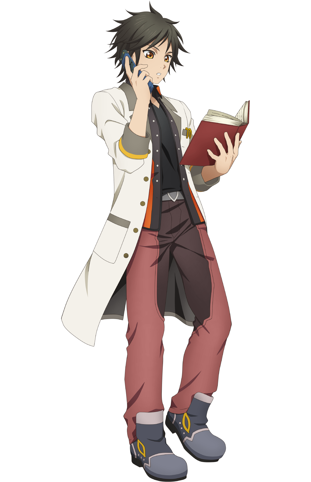 The Big ImageBoard (TBIB) - 1boy black hair black shirt book boots cellphone coat full body ...