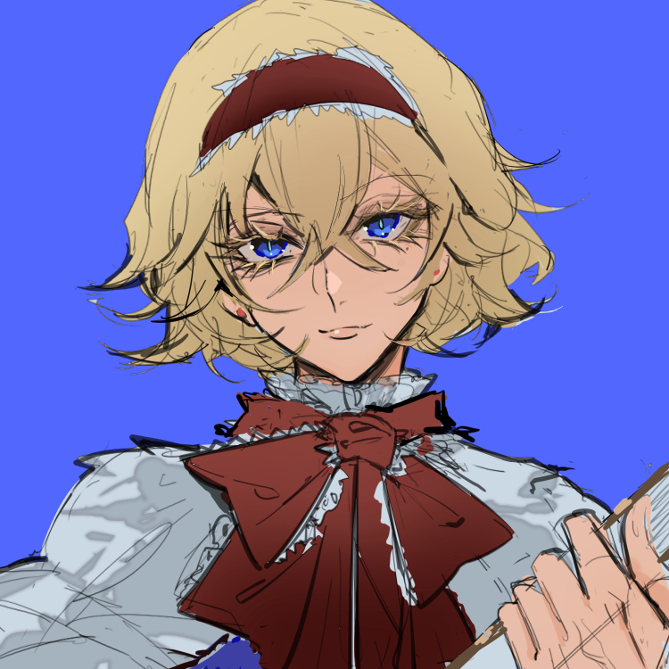 The Big ImageBoard (TBIB) - 1girl alice margatroid ascot blonde hair blue background blue eyes ...