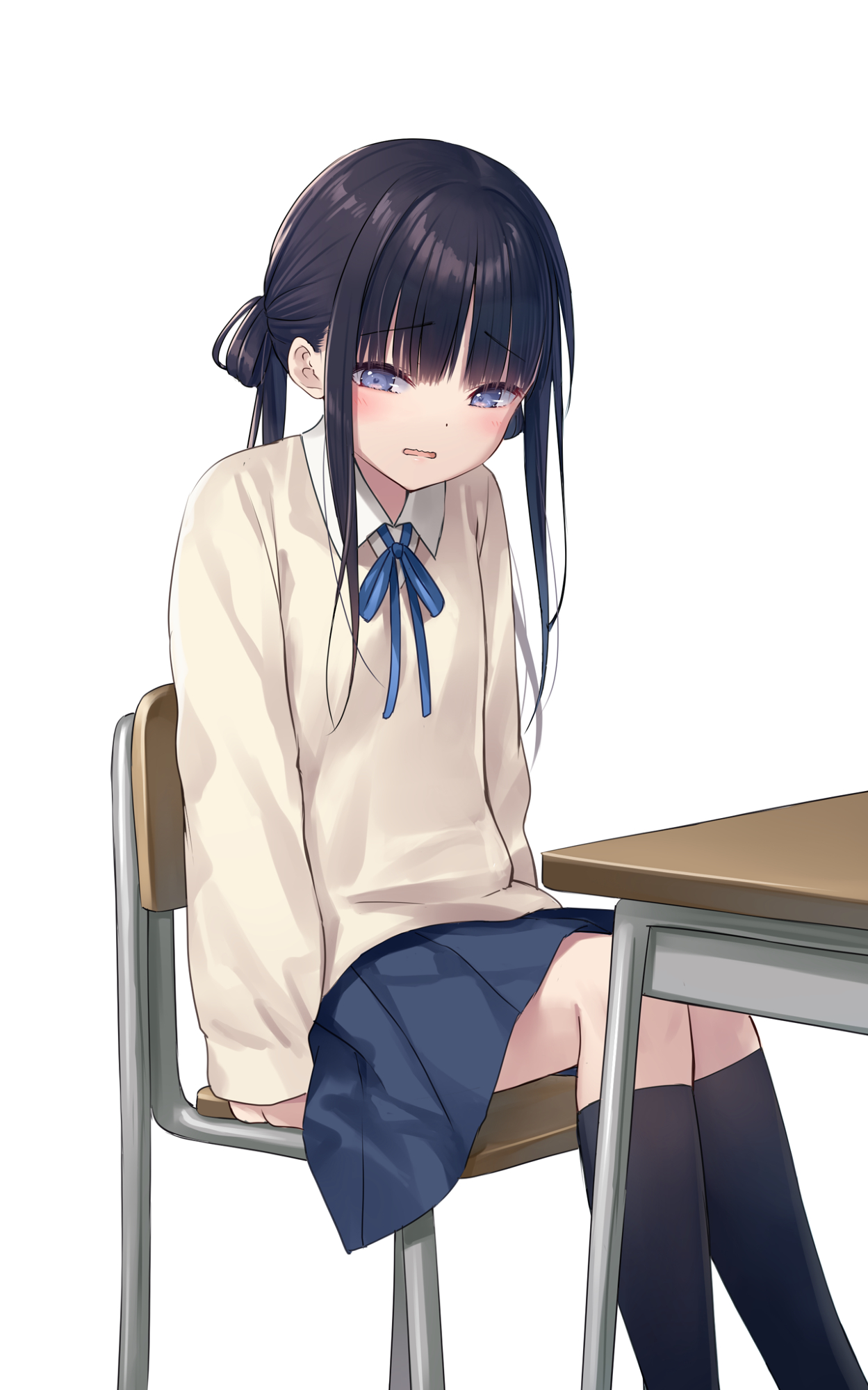 The Big ImageBoard (TBIB) - 1girl black hair black socks blue eyes blush chair collared shirt ...