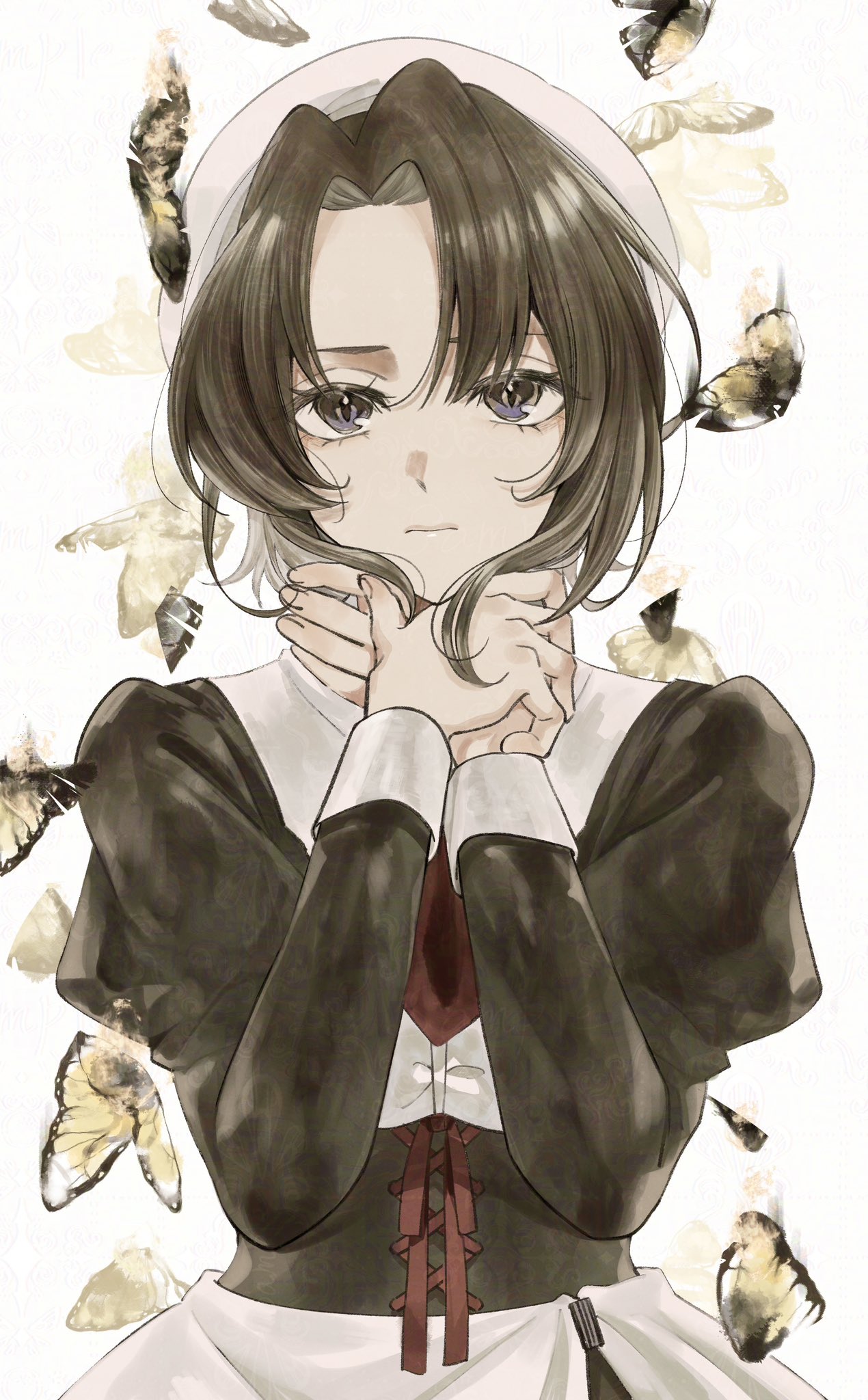 The Big ImageBoard (TBIB) - 1girl arms up asymmetrical bangs black dress black eyes brown hair ...