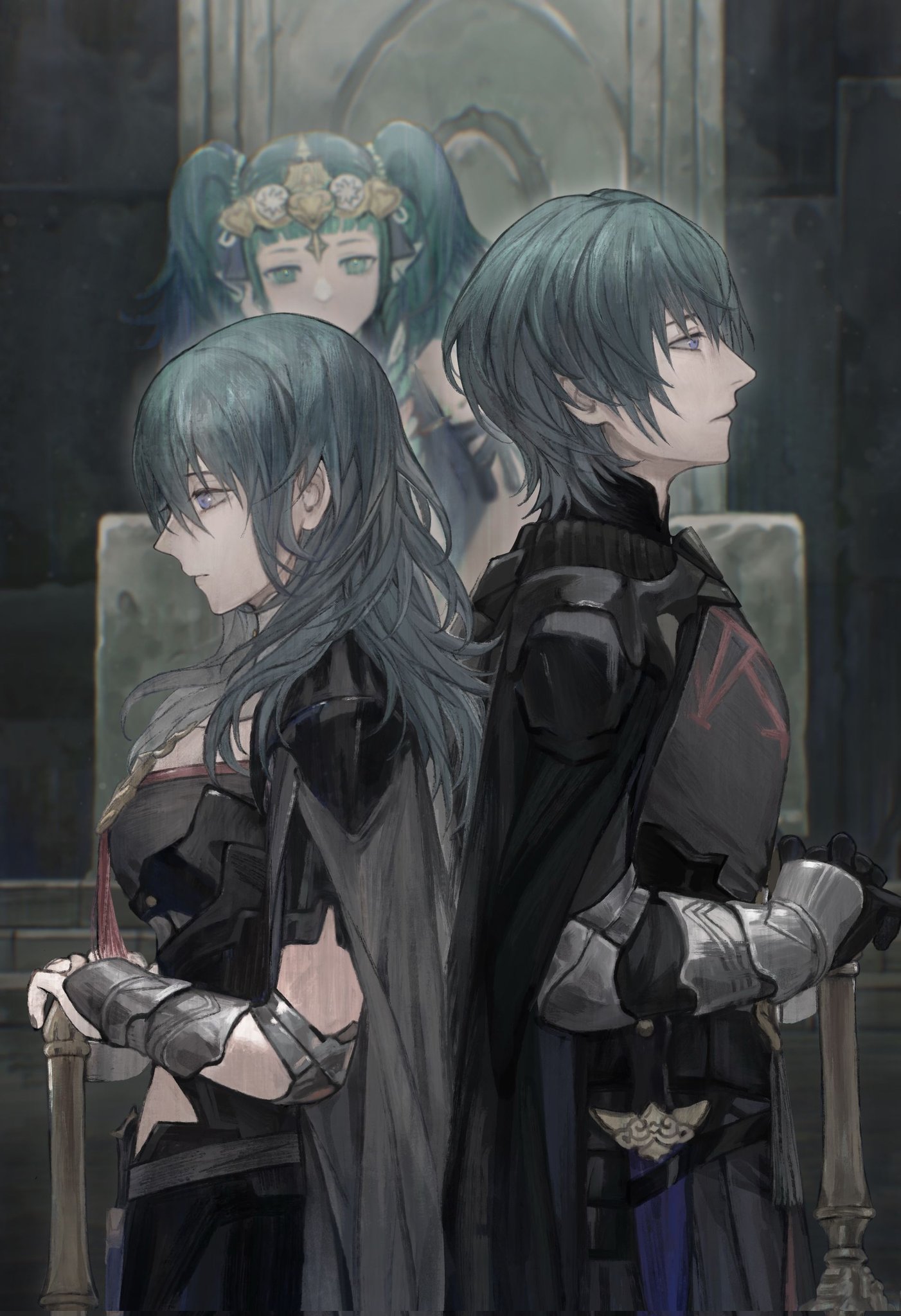 The Big ImageBoard (TBIB) - 1boy 2girls armor back-to-back black armor ...