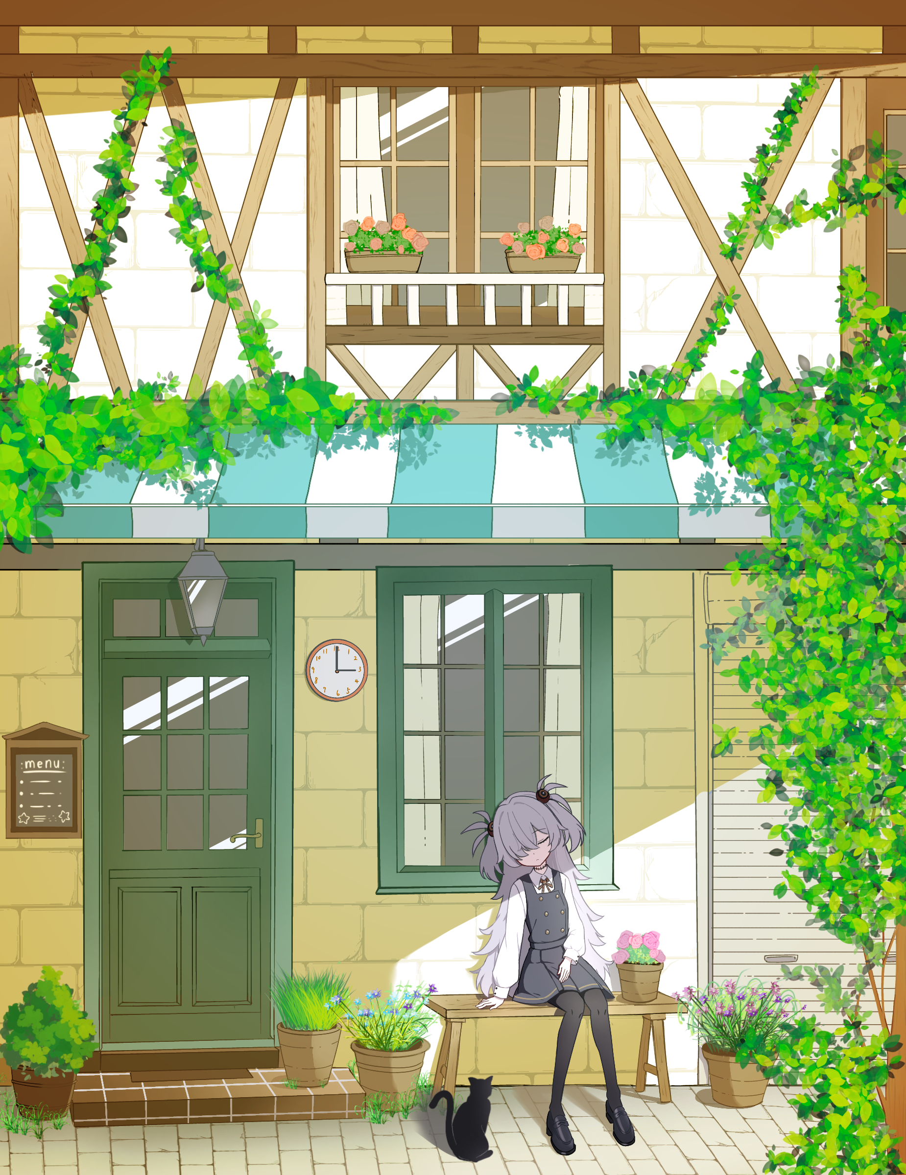 The Big ImageBoard (TBIB) - 1girl absurdres animal awning black cat ...