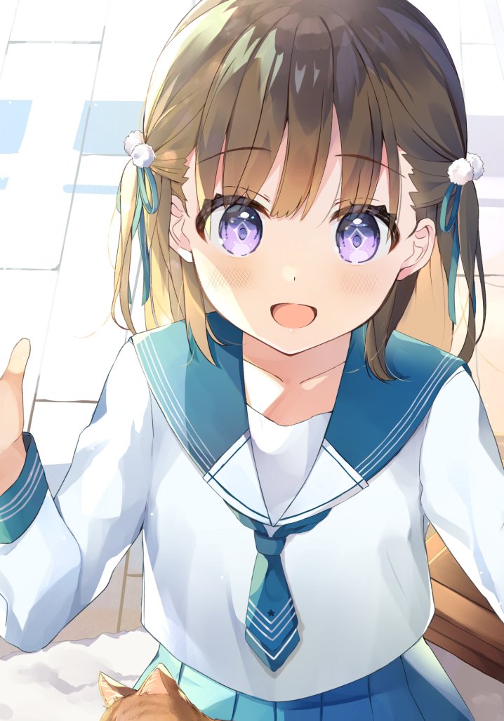 The Big ImageBoard (TBIB) - 1girl blue neckerchief blue ribbon blue skirt brown hair cat ...