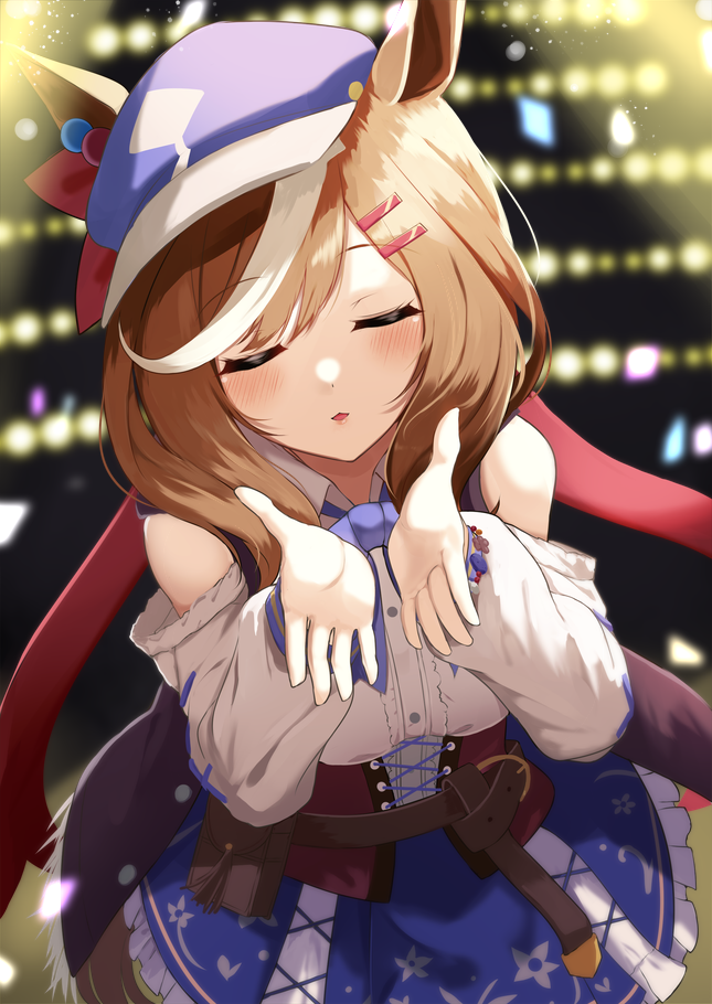 The Big ImageBoard (TBIB) - 1girl animal ears bare shoulders blue skirt brown hair cabbie hat ...