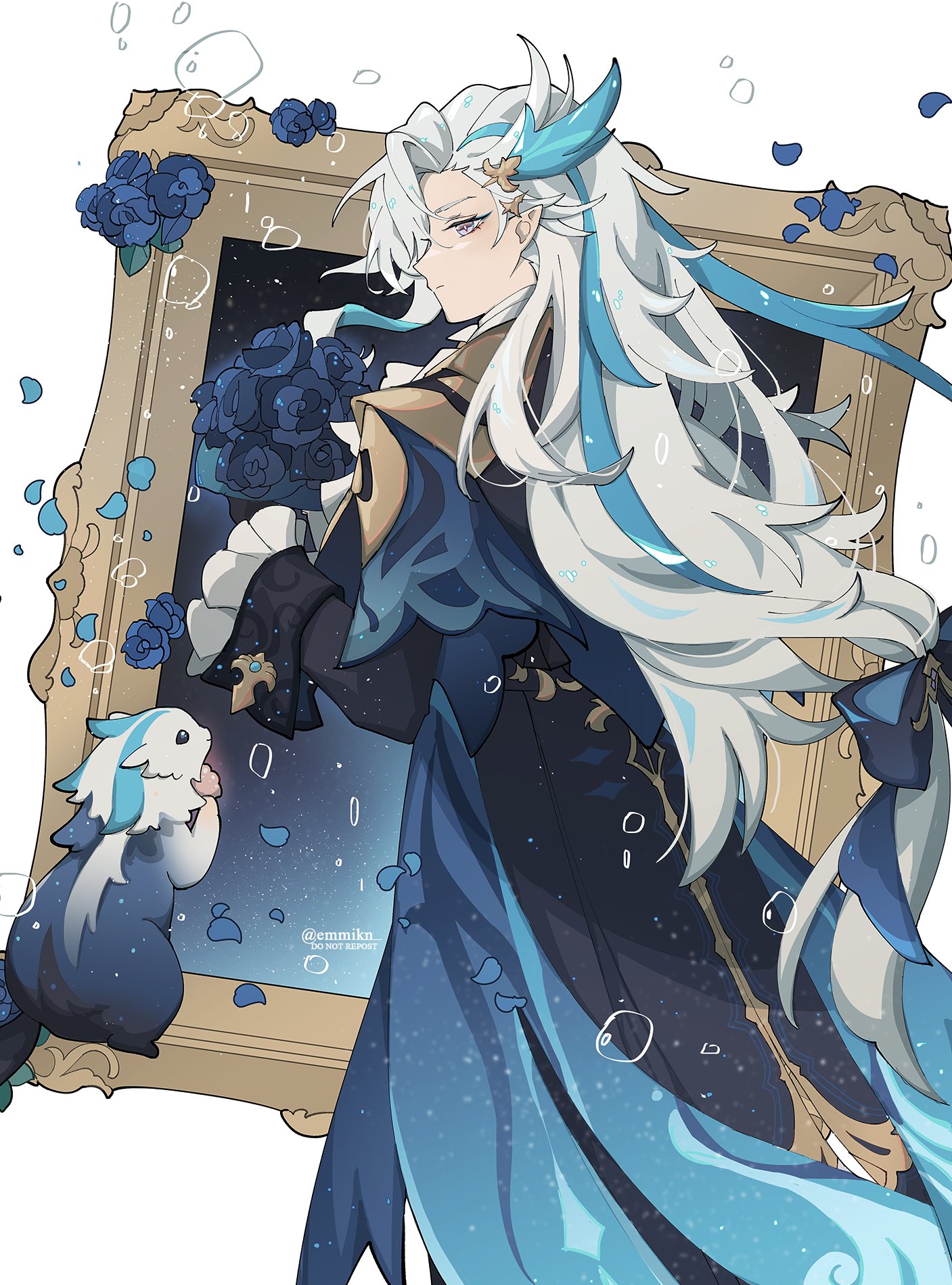 The Big ImageBoard (TBIB) - 1boy artist name bishounen blue flower blue hair bouquet bow coat ...
