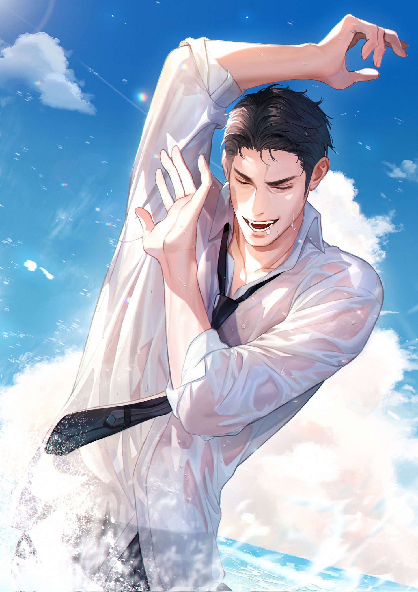 The Big ImageBoard (TBIB) - 1boy black hair black necktie blue background character request ...