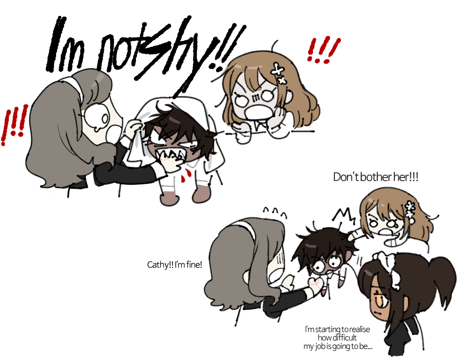 The Big ImageBoard (TBIB) - 1boy 3girls apron biting blood brown eyes ...