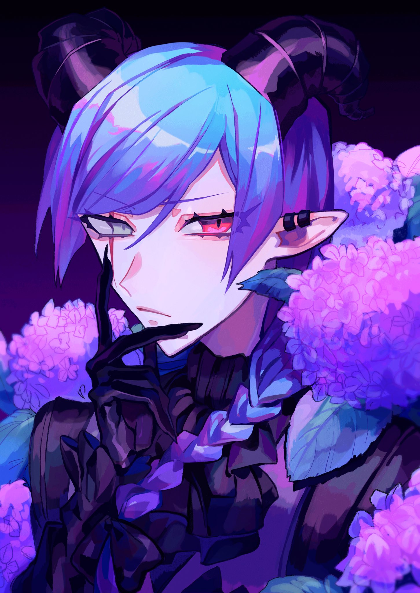 The Big ImageBoard (TBIB) - 1girl aegyo sal black background black bow black gloves black horns ...