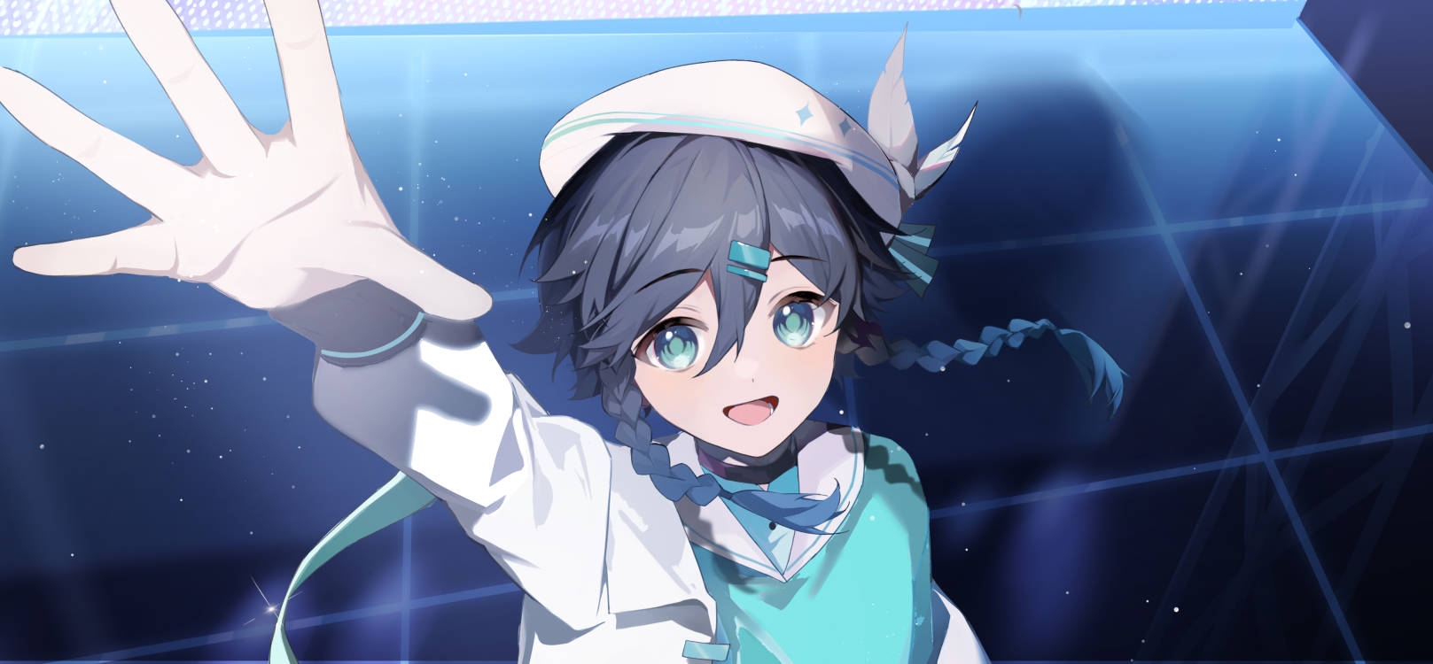 The Big ImageBoard (TBIB) - 1boy aqua eyes arm up beret black hair ...