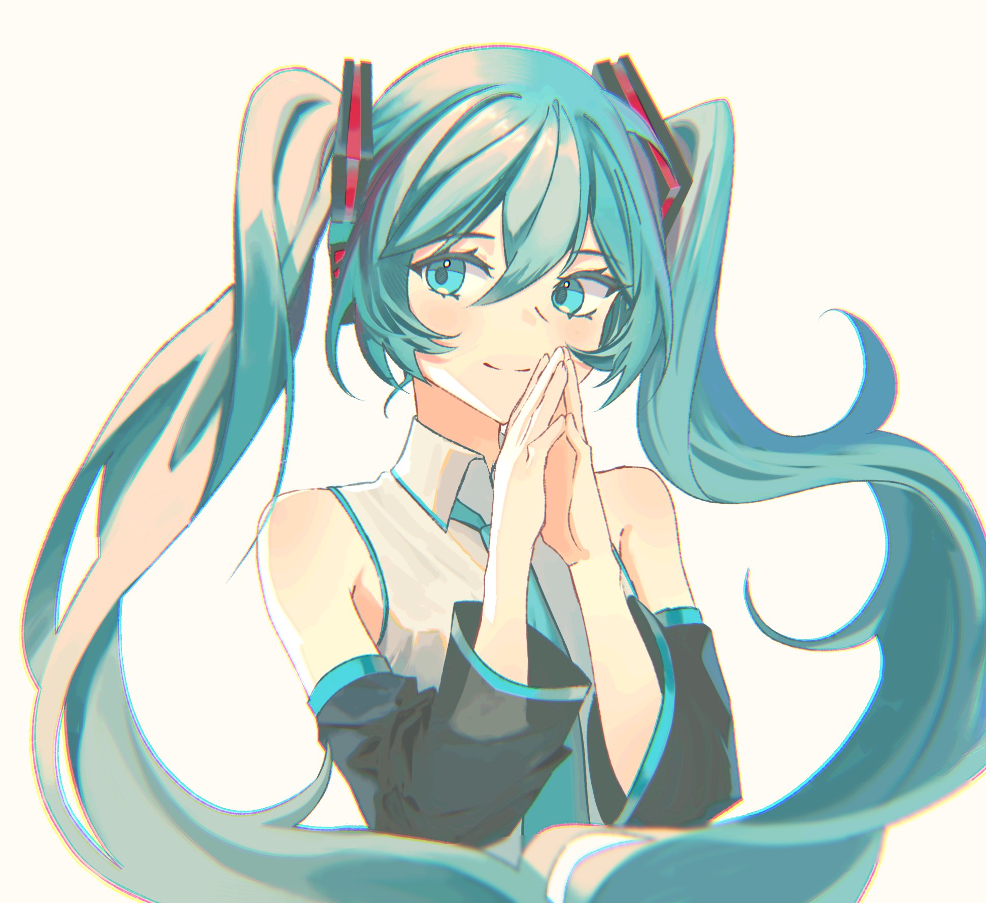 The Big ImageBoard (TBIB) - 1girl aqua eyes aqua hair black sleeves chromatic aberration closed ...