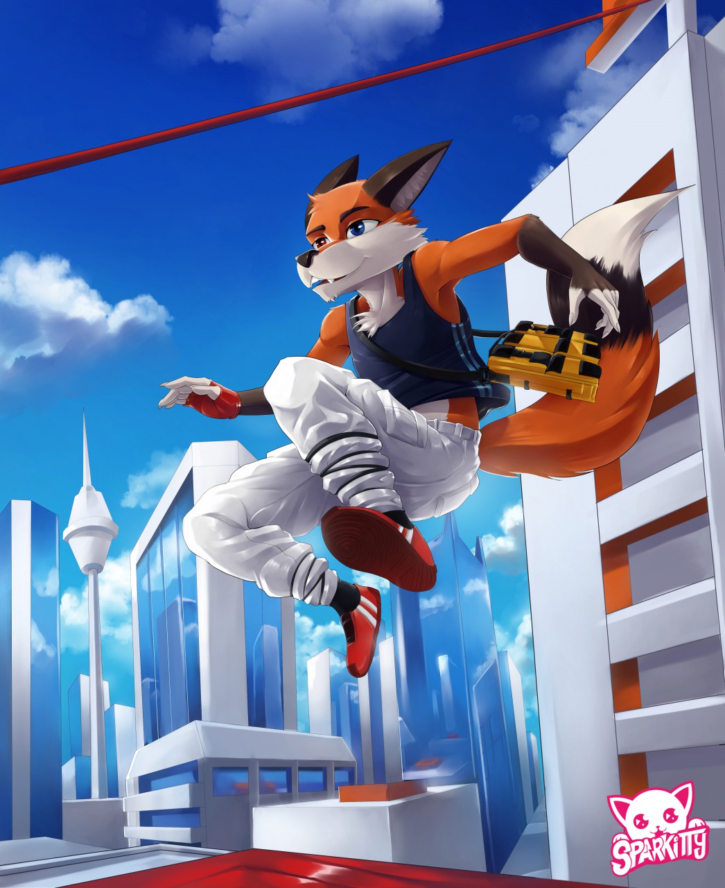The Big ImageBoard (TBIB) - anthro canid canine city fox fur hi res jumping male mammal sky solo ...