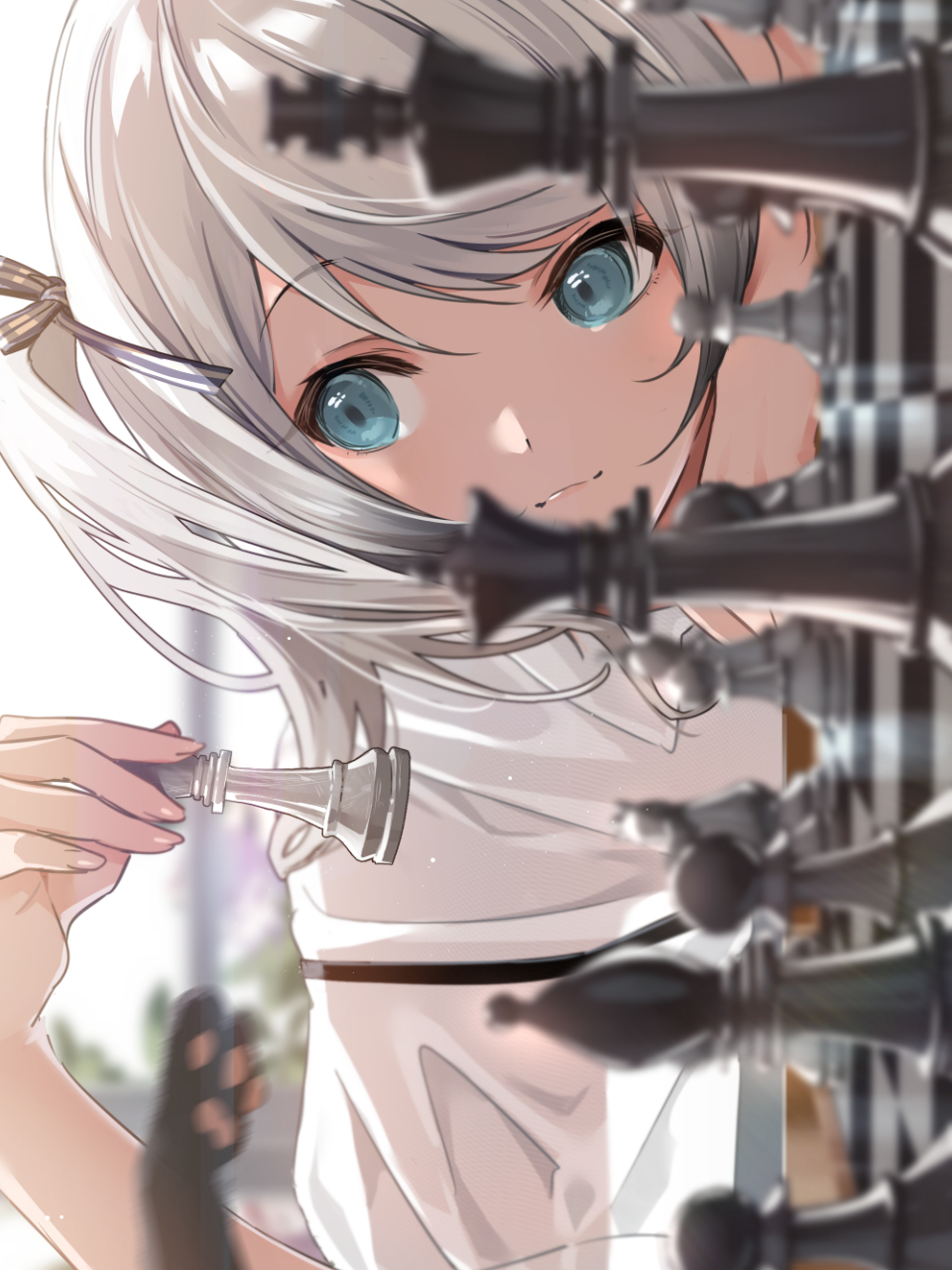 The Big ImageBoard (TBIB) - 1girl aqua eyes bangs bishop (chess) blurry blurry background cat ...