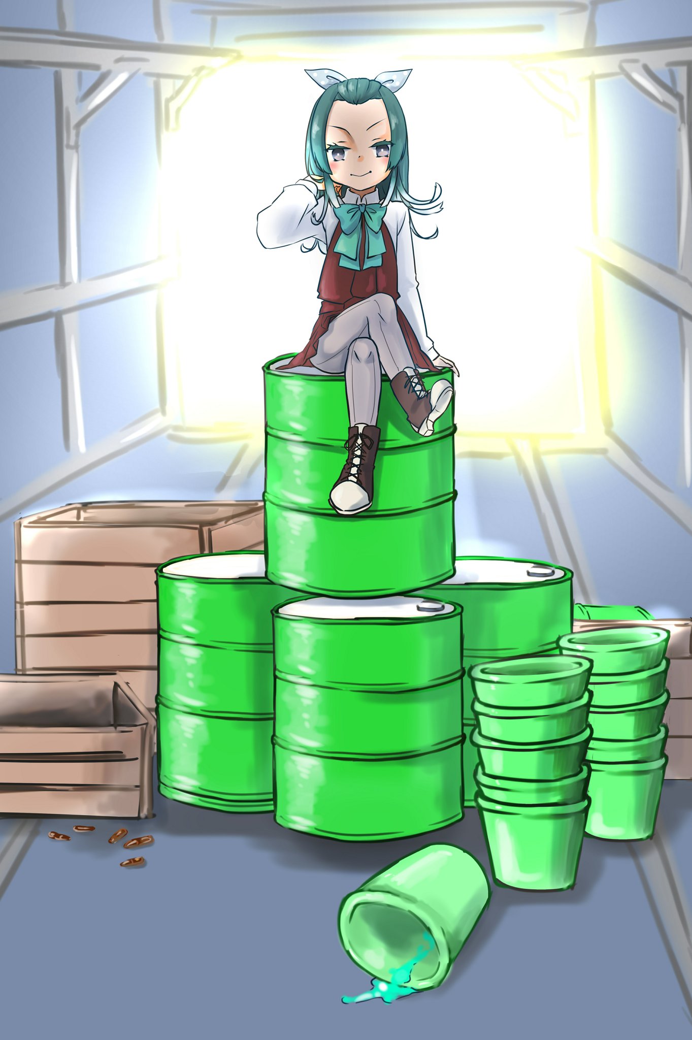The Big Imageboard Tbib 1girl Blue Hair Blush Boots Box Bucket