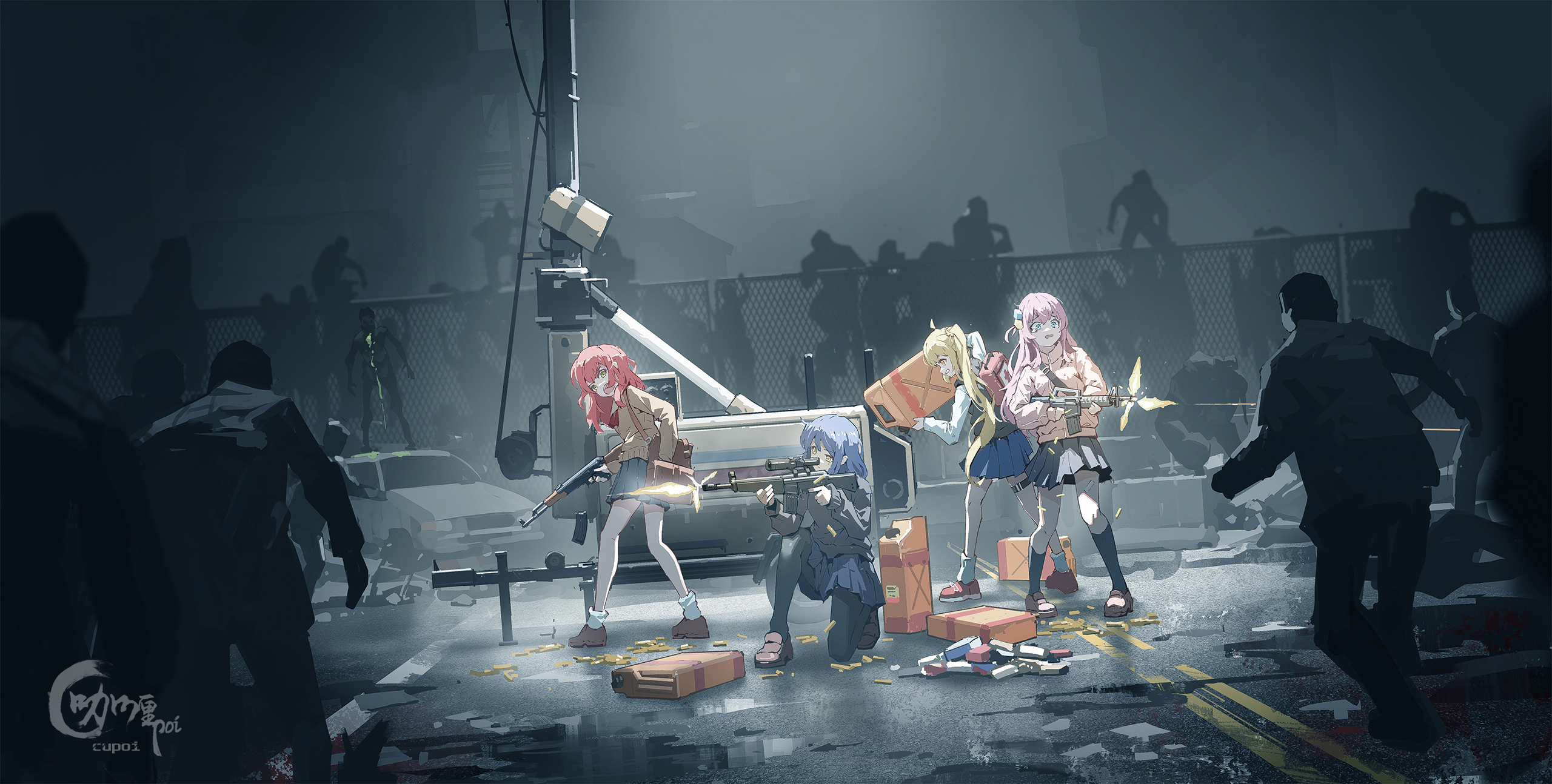 The Big ImageBoard (TBIB) - 4girls 6+others assault rifle bag black pantyhose black socks blonde ...