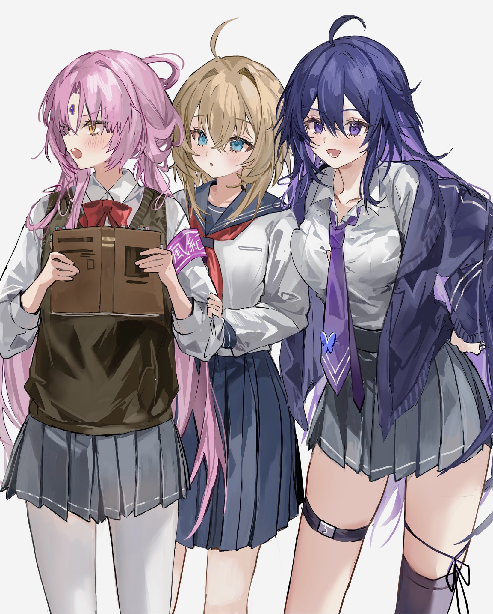 The Big ImageBoard (TBIB) - 3girls ahoge alternate costume black hair black ribbon black sailor ...