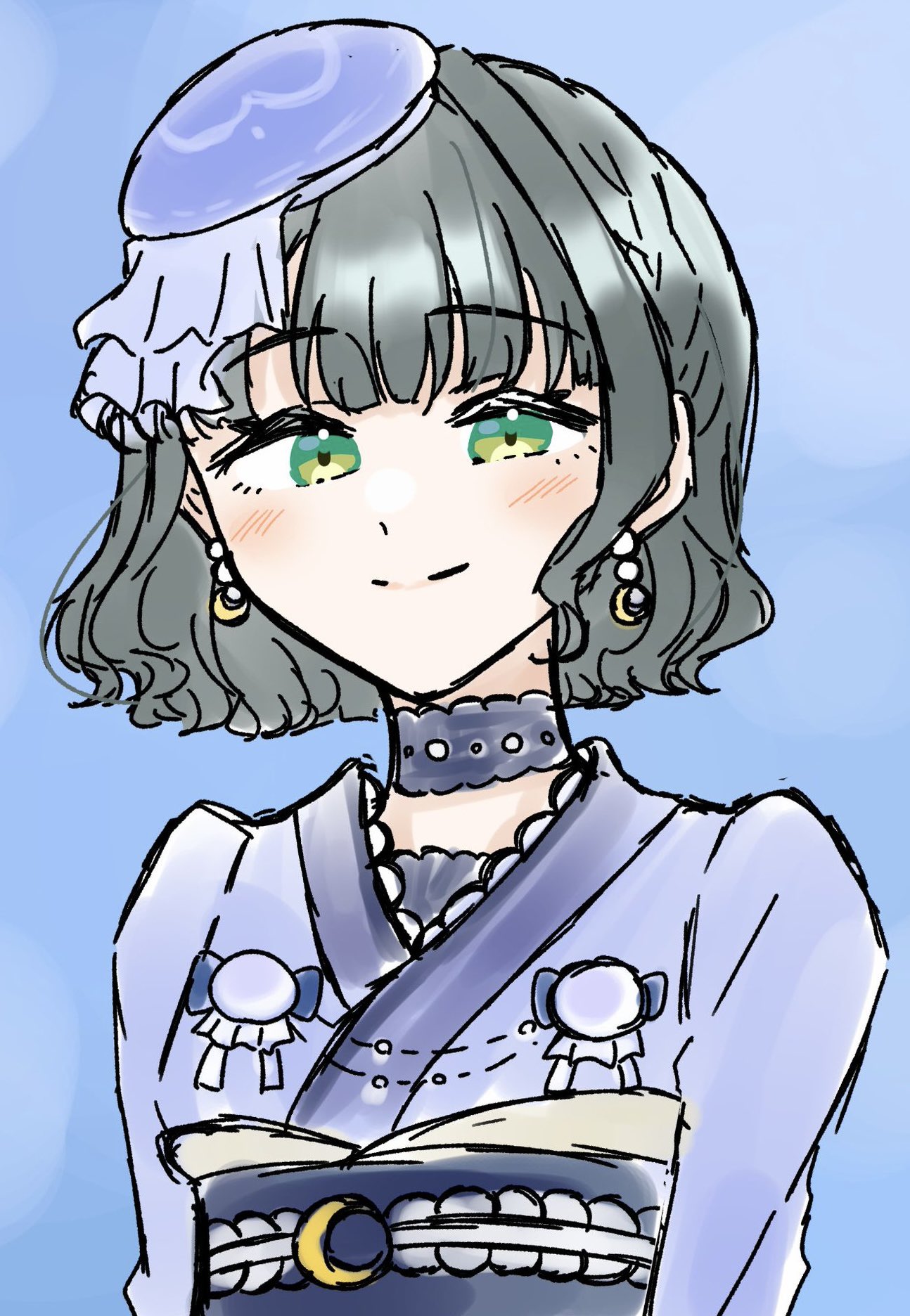 The Big ImageBoard (TBIB) - 1girl beret blue background blue hat blue kimono blunt bangs blush ...