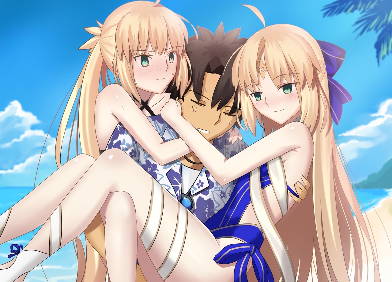 The Big ImageBoard (TBIB) - 1boy 2girls artoria caster (fate) artoria caster (swimsuit) (fate ...