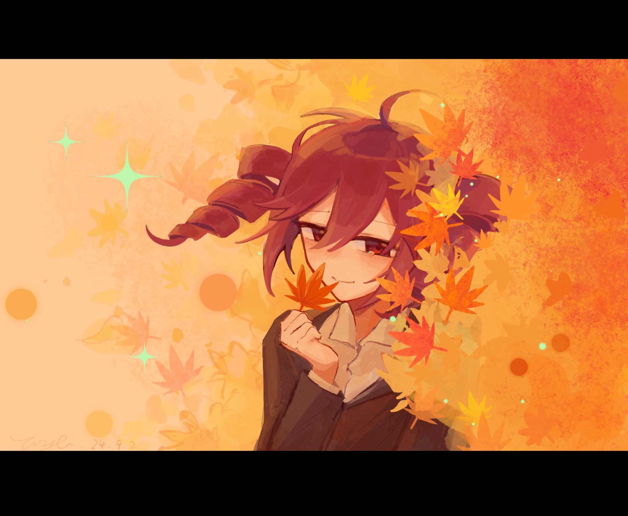 The Big ImageBoard (TBIB) - 1girl ahoge alternate costume autumn leaves black jacket collared ...