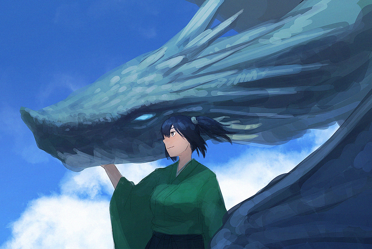 The Big ImageBoard (TBIB) - 1girl blue eyes blue hair blue sky breasts closed mouth cloud day ...