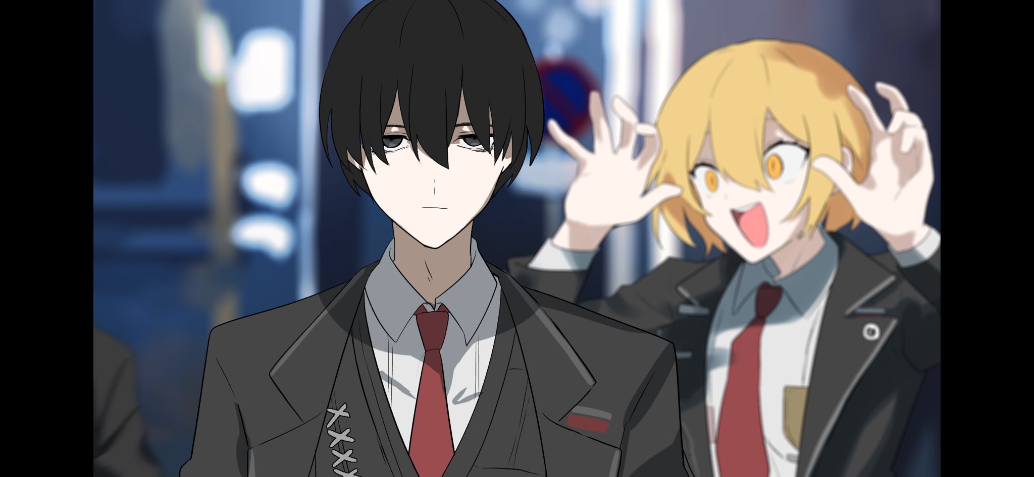 The Big ImageBoard (TBIB) - 1boy 1girl 1other badge black coat black eyes black hair blonde hair ...