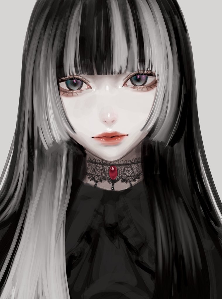 The Big ImageBoard (TBIB) - 1girl aegyo sal bare shoulders black choker black dress black hair ...