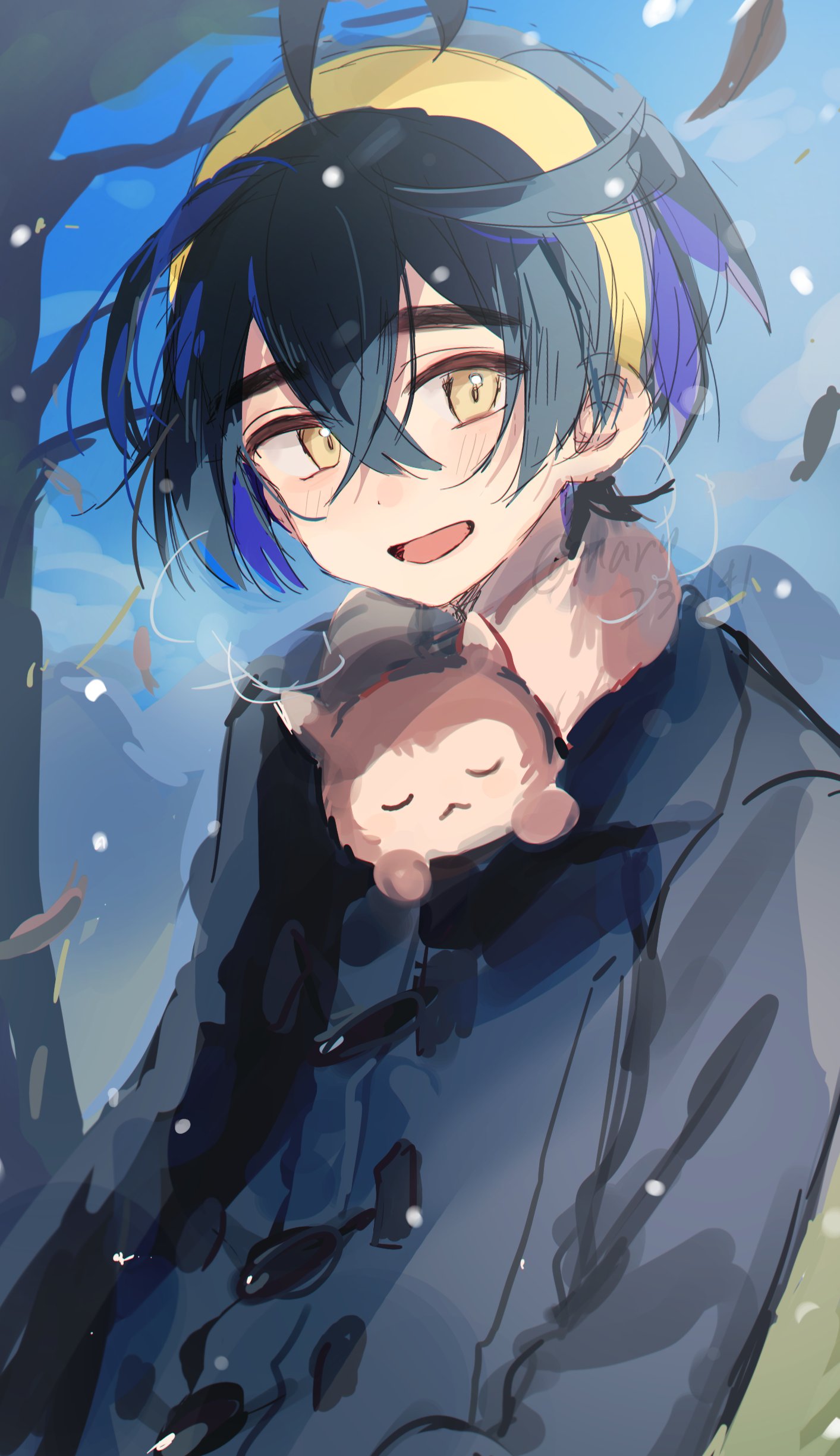 The Big ImageBoard (TBIB) - 1boy absurdres bare tree black coat black hair blue hair blush cloud ...