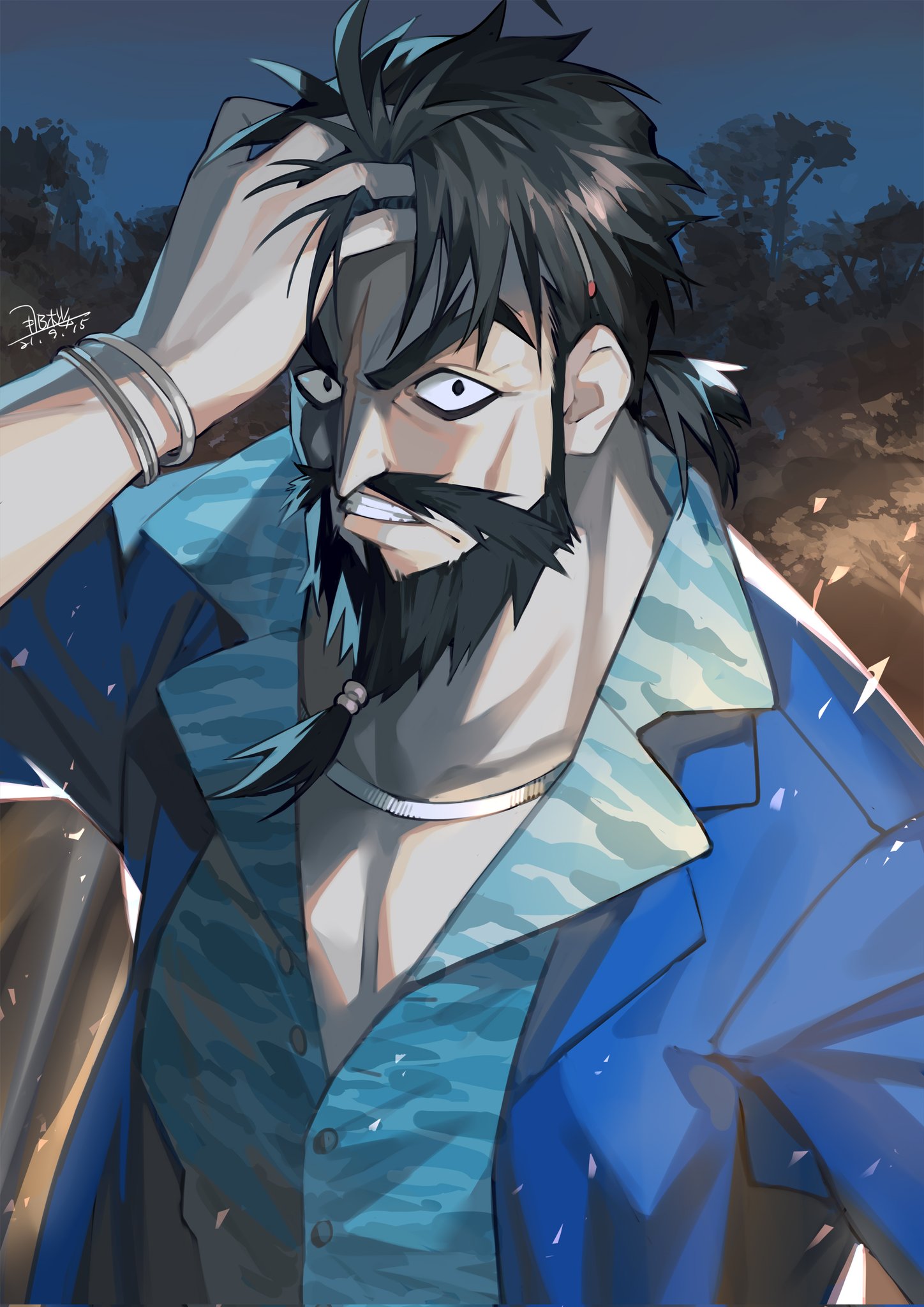 The Big ImageBoard (TBIB) - 1boy beard black hair blue jacket clenched ...