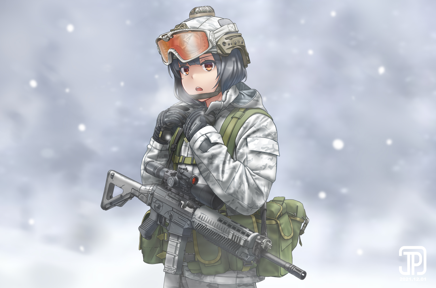 The Big ImageBoard (TBIB) - 1girl assault rifle black gloves black hair brown eyes camouflage ...