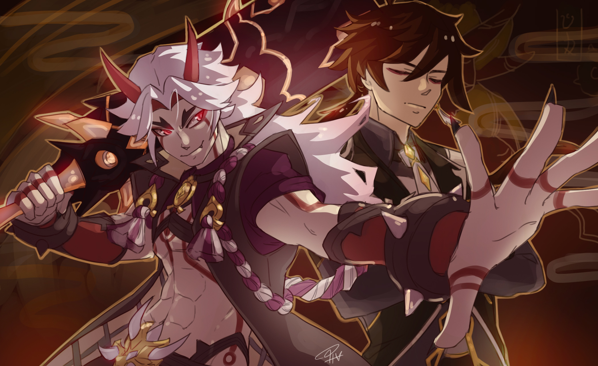 The Big ImageBoard (TBIB) - 2boys abs arataki itto body markings ...