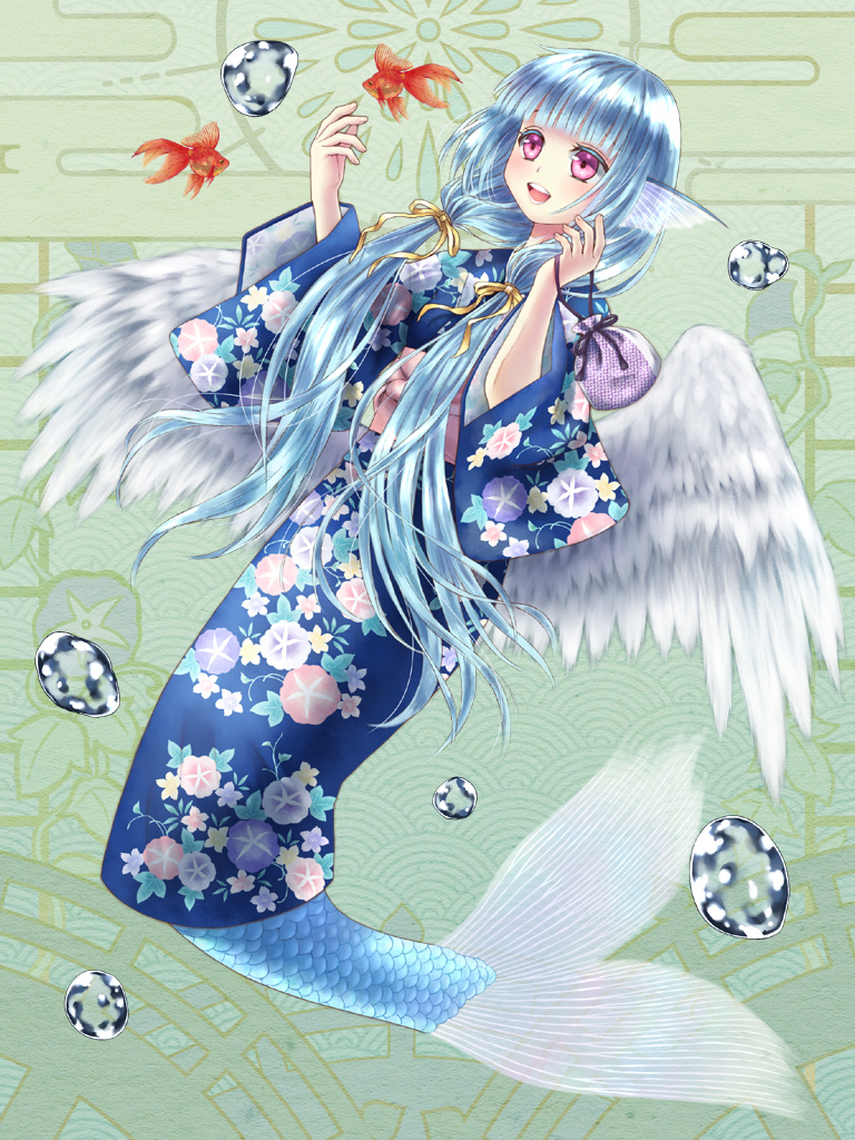 The Big ImageBoard (TBIB) - 1girl :d air bubble blue hair blue kimono ...