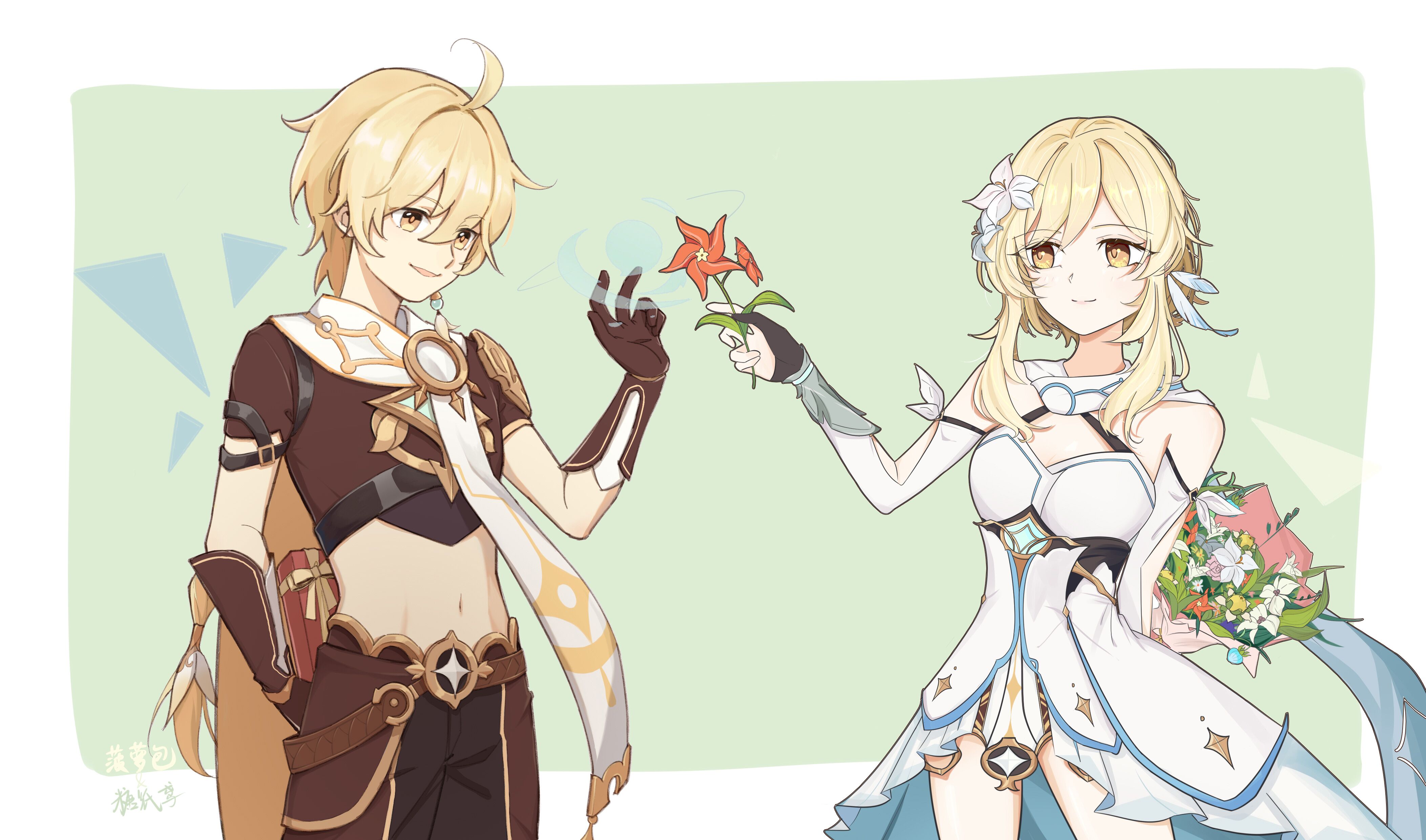 The Big ImageBoard (TBIB) - 1boy 1girl absurdres aether (genshin impact) ahoge bare shoulders ...