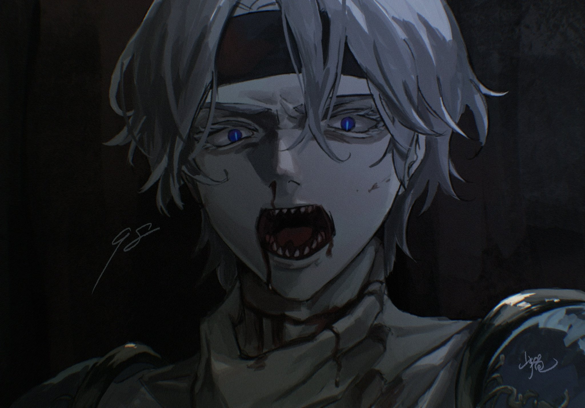 The Big ImageBoard (TBIB) - 1boy armor artist name black background black headband blood blood ...