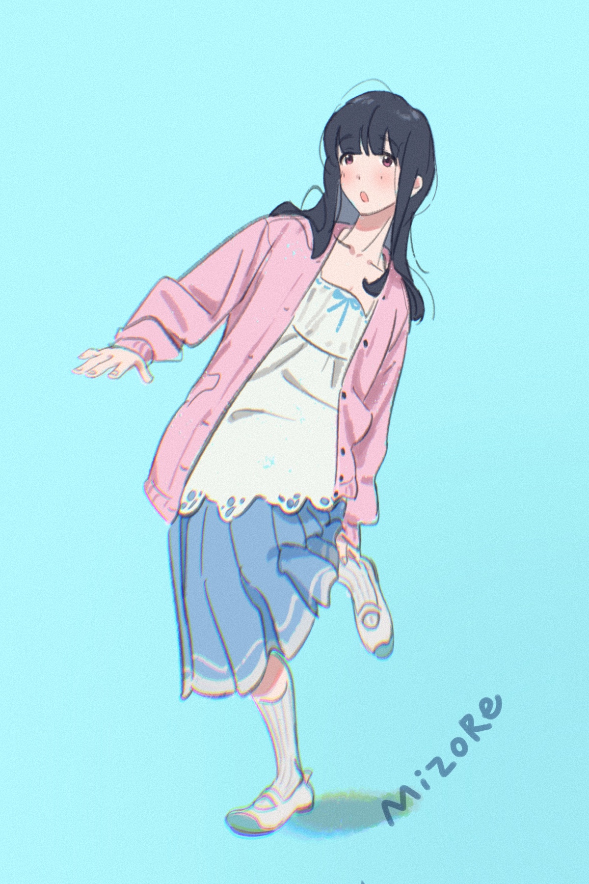 The Big ImageBoard (TBIB) - 1girl :o adjusting clothes adjusting legwear ahoge black hair blue ...