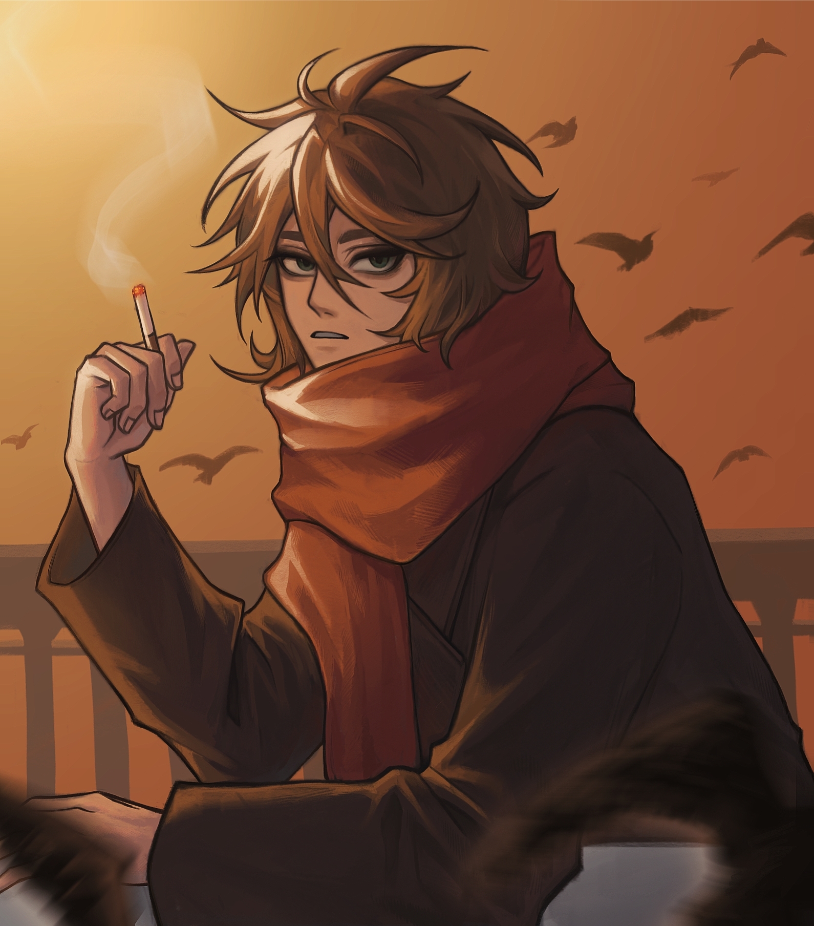 The Big ImageBoard (TBIB) - 1boy black jacket brown hair cigarette dawn ...