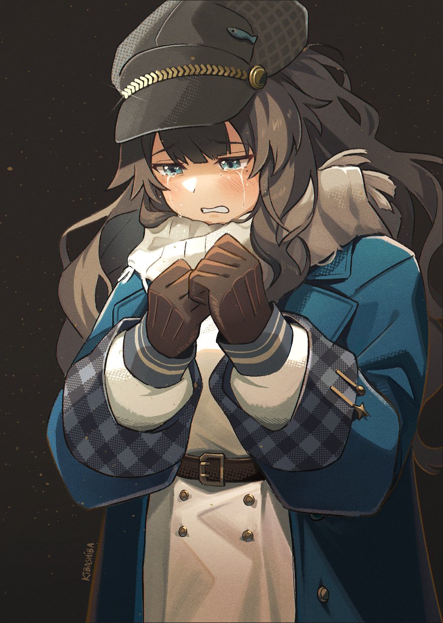 The Big ImageBoard (TBIB) - 1girl blue coat blue eyes brown background brown gloves brown hair ...