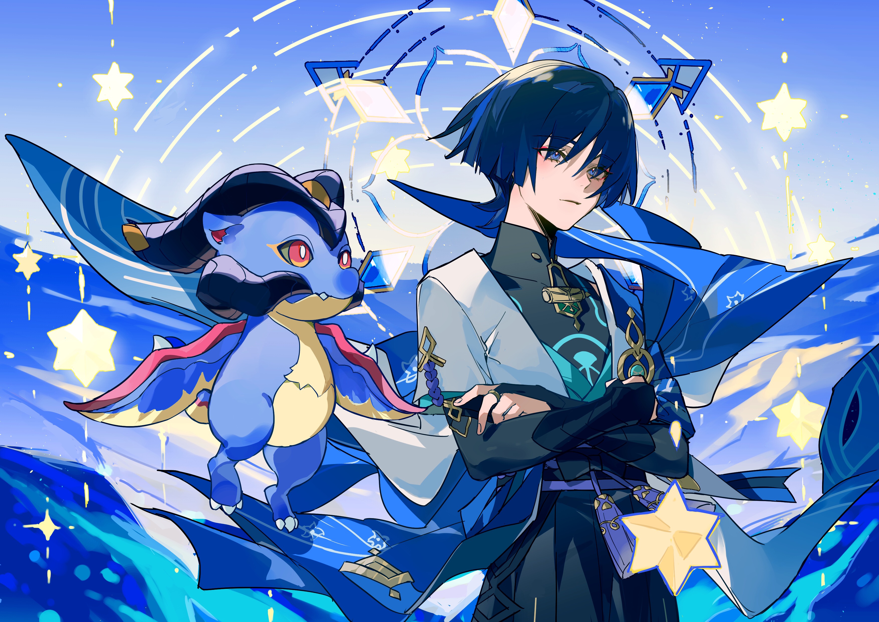 The Big ImageBoard (TBIB) - 1boy absurdres black shorts blue cape blue eyes blue hair blunt ends ...