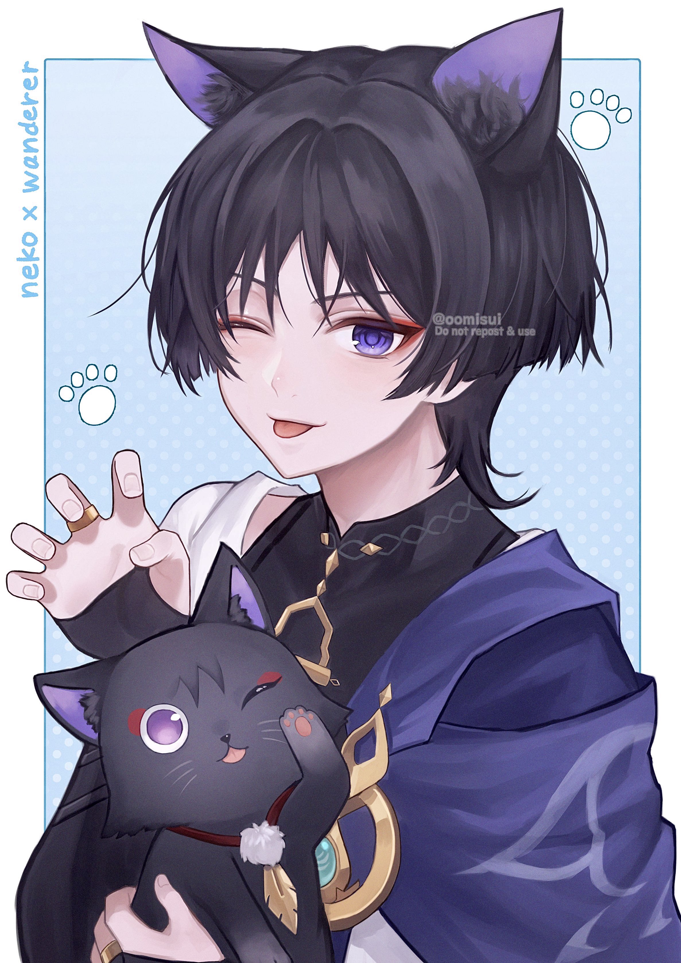 The Big ImageBoard (TBIB) - 1boy :p absurdres animal ears black fur black hair black shirt blue ...