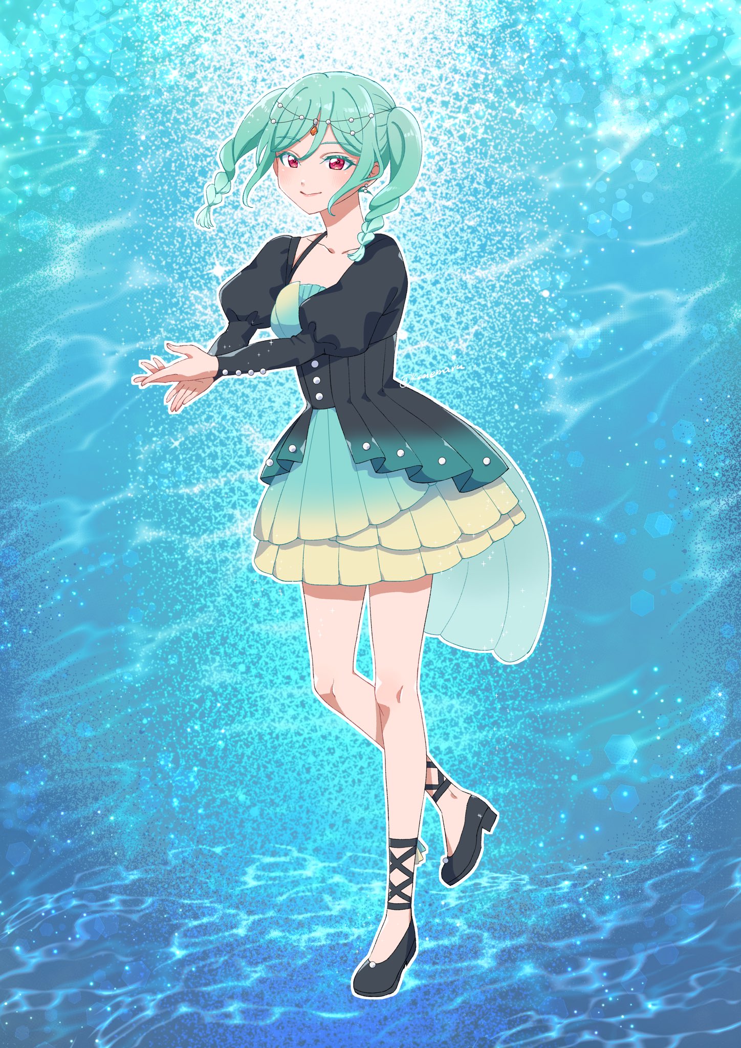 The Big ImageBoard (TBIB) - 1girl aqua hair black dress black footwear blue background blue ...