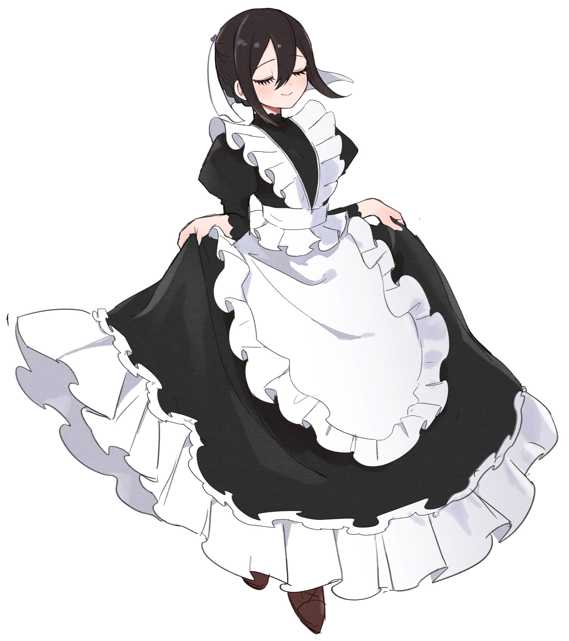 The Big ImageBoard (TBIB) - 1girl apron black dress black hair braid brown footwear closed eyes ...