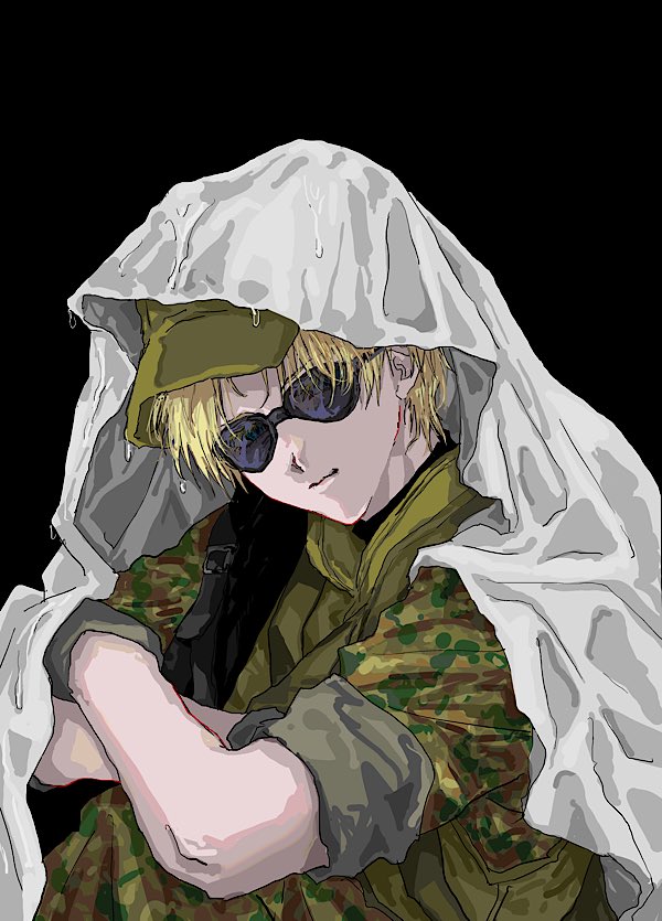 The Big ImageBoard (TBIB) - 1boy black background blonde hair camouflage camouflage jacket char ...